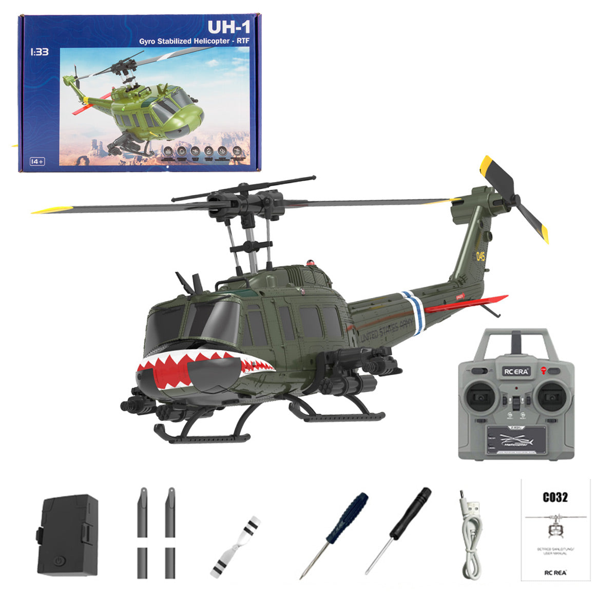 RC ERA C032 UH-1 Huey RTF 2.4G 6CH Flybarless 1/48 RC Helicopter Model ...